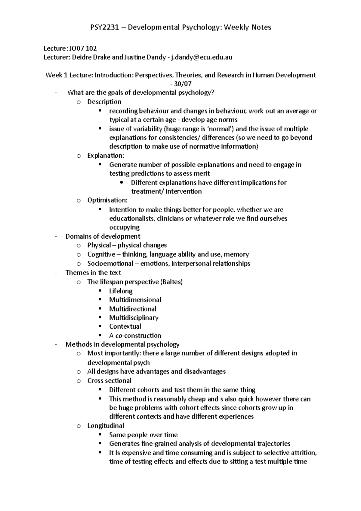 PSY2231 – Weekly Notes - Lecture: JO07 102 Lecturer: Deidre Drake and ...