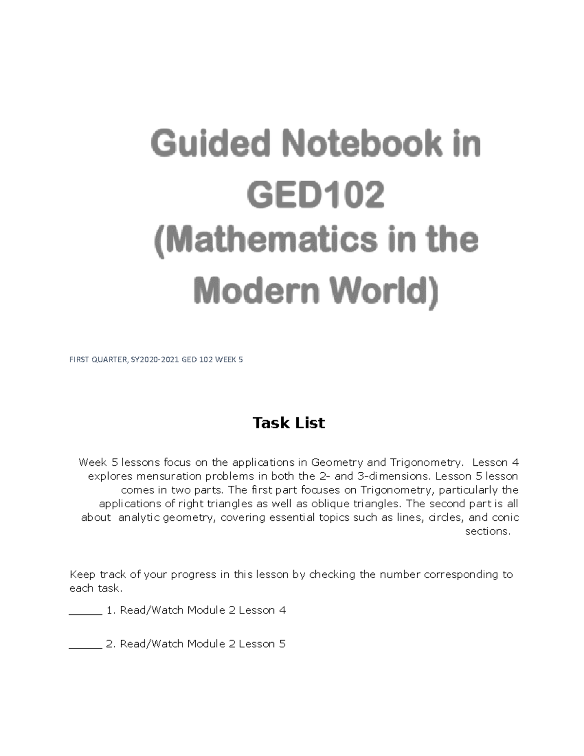 GED102 Week 5 WGN - Weekly guided notes - FIRST QUARTER, SY2020-2021 ...