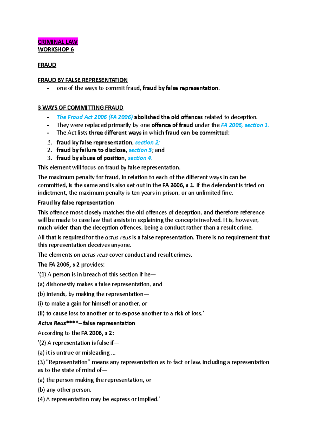Fraud BY False Representation - CRIMINAL LAW WORKSHOP 6 FRAUD FRAUD BY ...