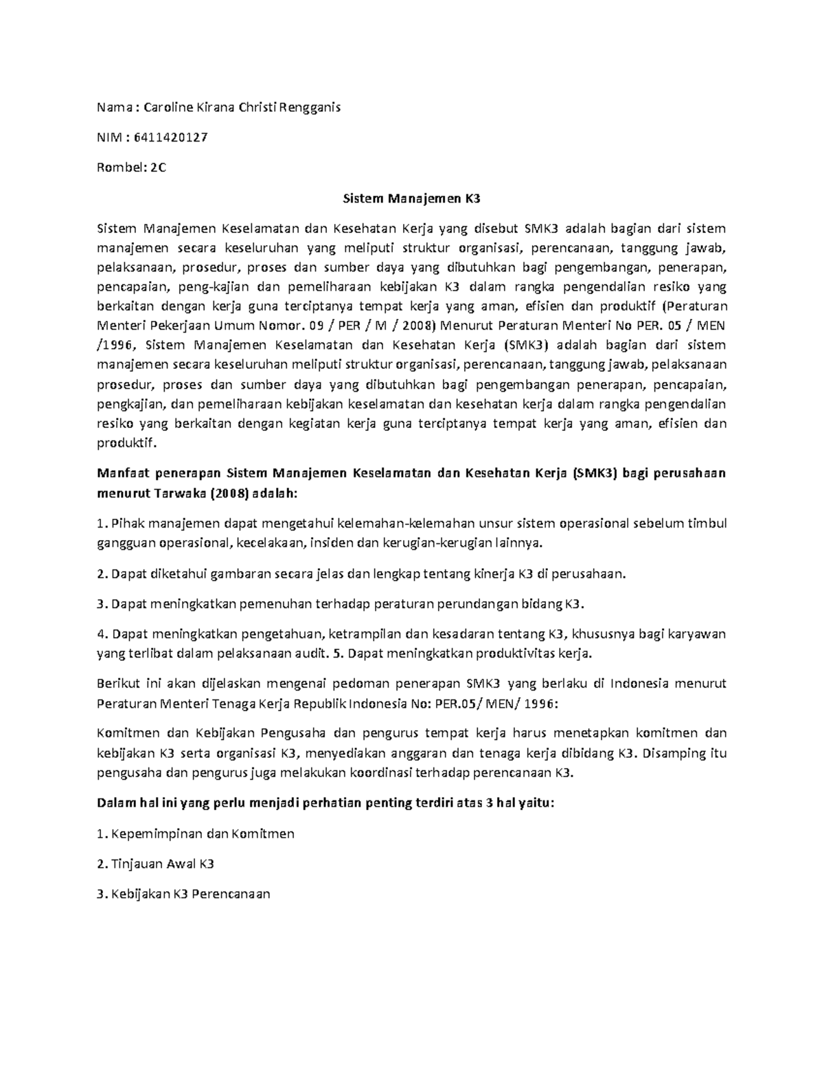 Sistem Manajemen K3 PDF - Nama : Caroline Kirana Christi Rengganis NIM ...