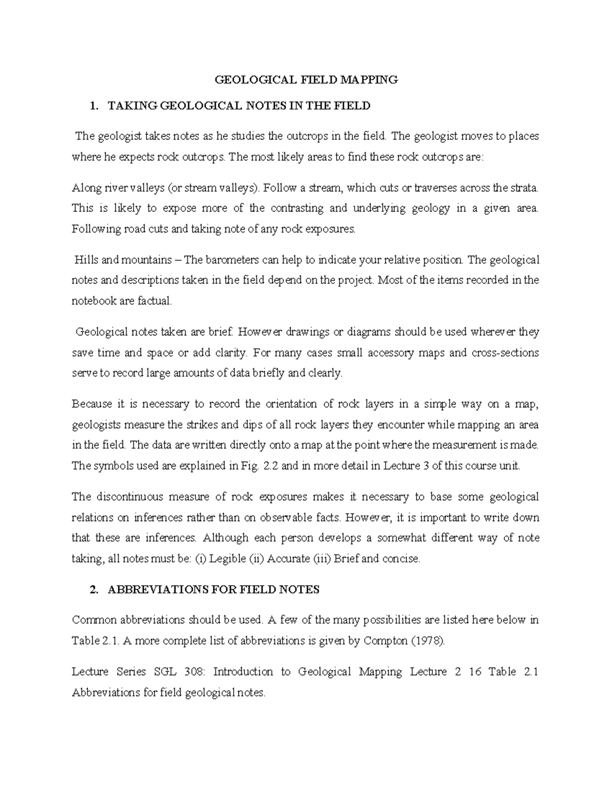 Geological Field Mapping (Summary) - GEOLOGICAL FIELD MAPPING 1. TAKING ...