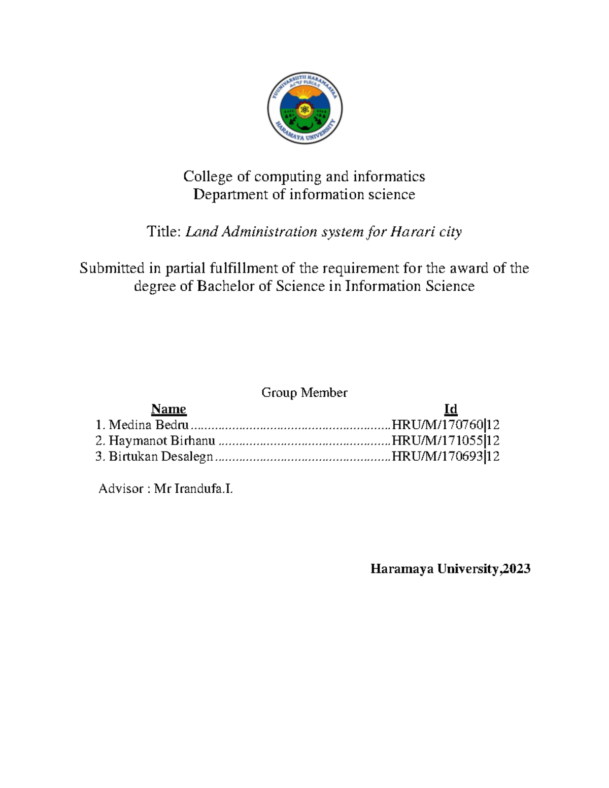 LAS FOR Harar CITY Proposal - College of computing and informatics Department of information ...