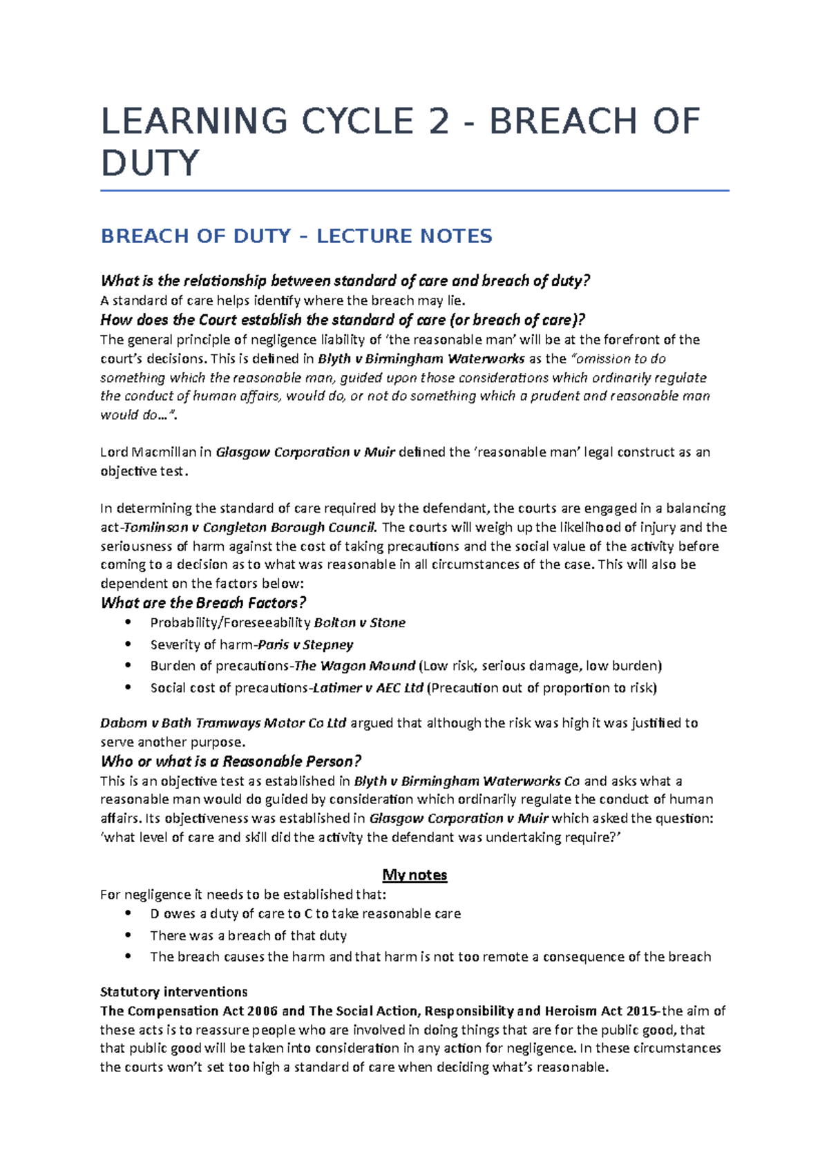 Learning Cycle 2 Short Workbook 2021 - LEARNING CYCLE 2 - BREACH OF ...