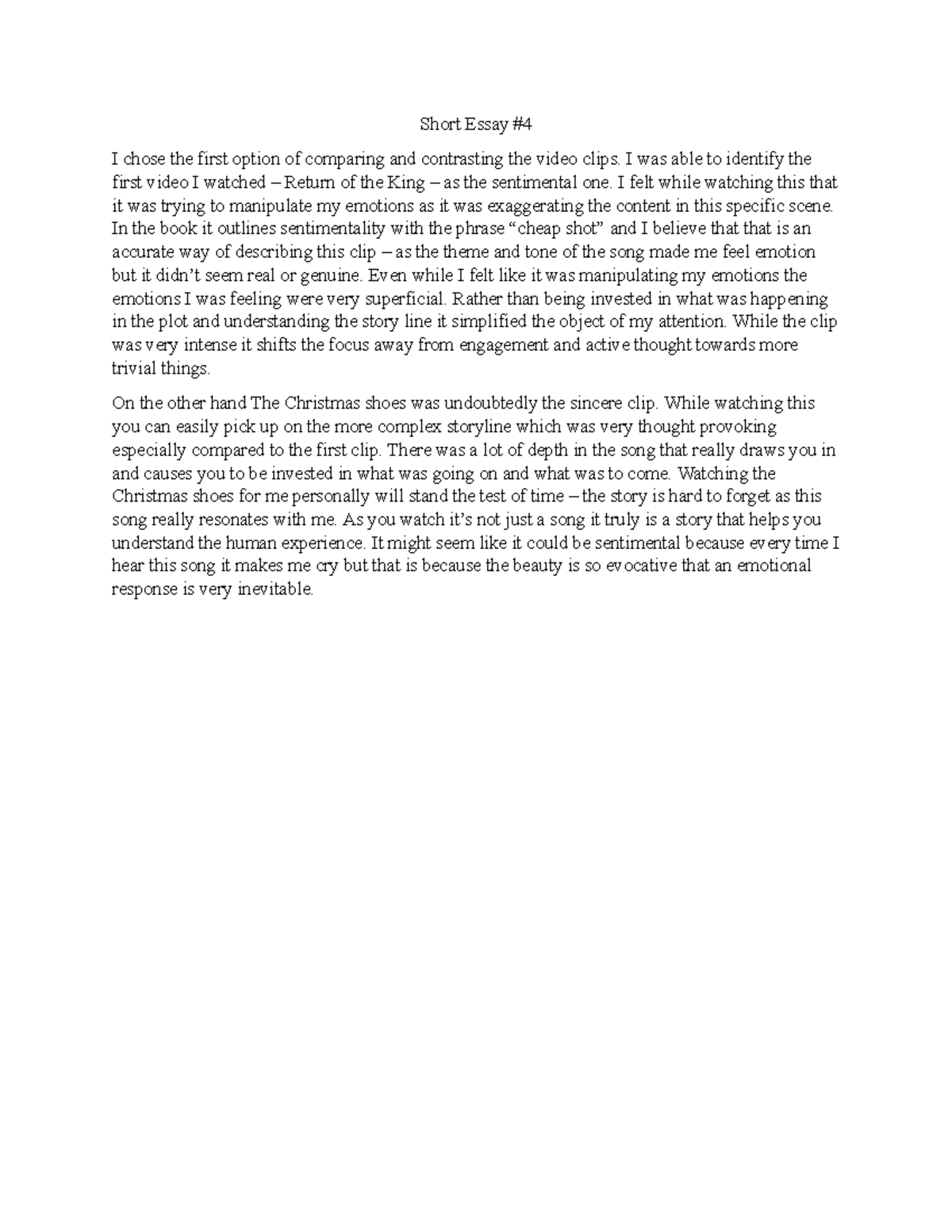 IHUM 101 Short Essay 4 - Grade: A - Short Essay # I chose the first ...