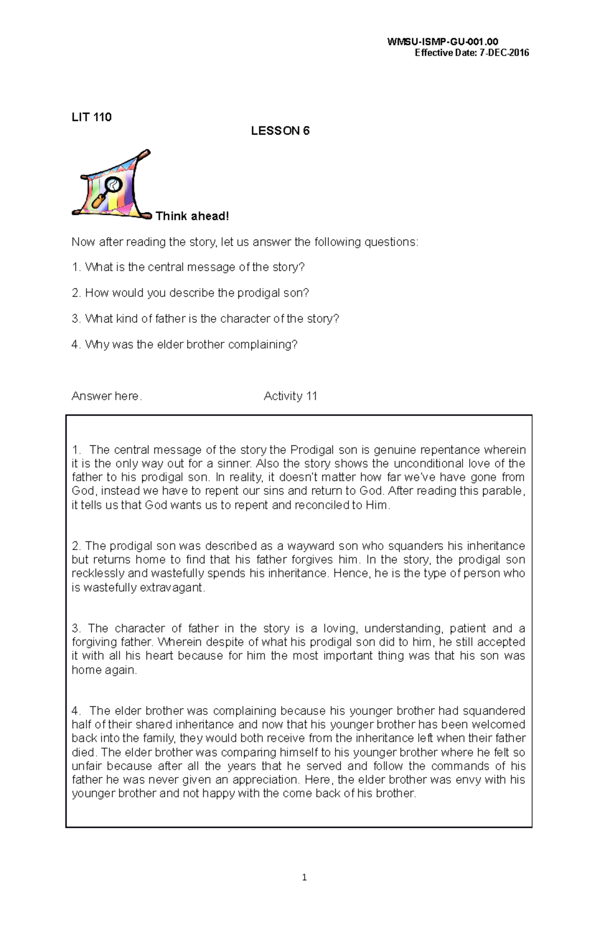 SS L6 (Activity 11 & 12) - Question and answer about the prodigal son ...