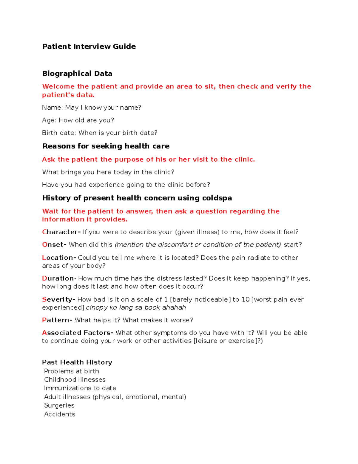 Guide - Patient Interview Guide Biographical Data Welcome the patient ...