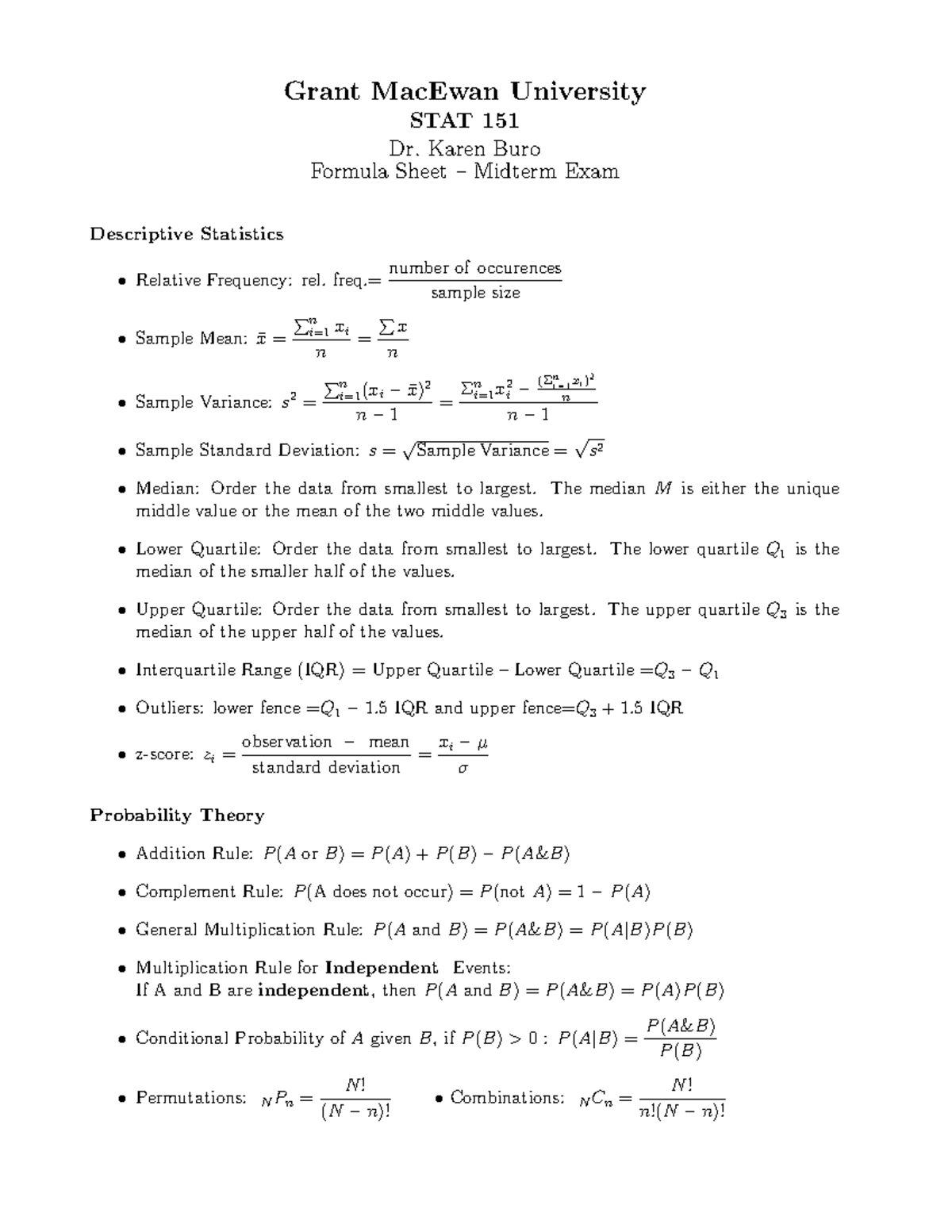 Formula's midterm(s) and final(s) stat 151 - Grant MacEwan University STAT 151 Dr. Karen Buro ...