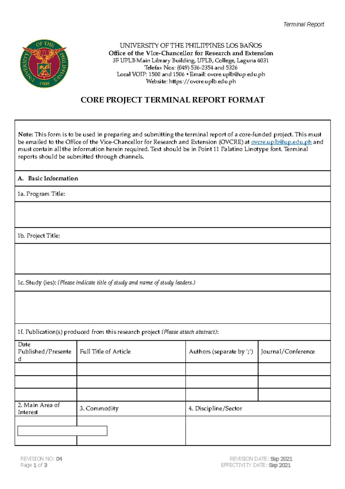 Core Project Terminal Report Format 2021 09 Terminal Report
