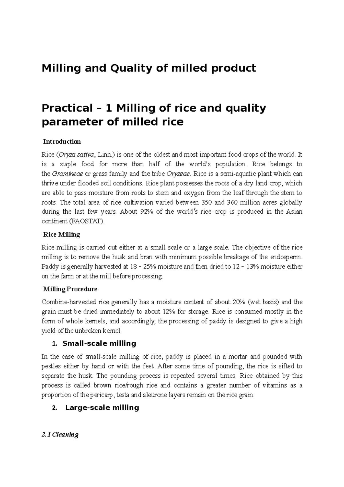 Practical - good - Milling and Quality of milled product Practical – 1 ...