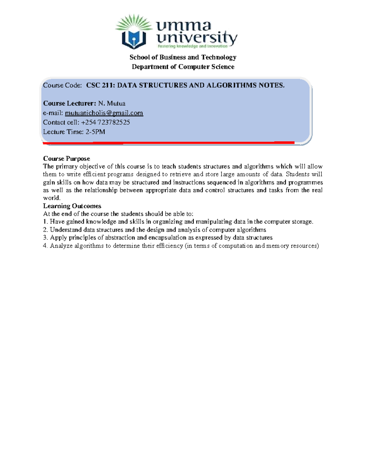 Data structures and algorithm notes - School of Business and Technology ...