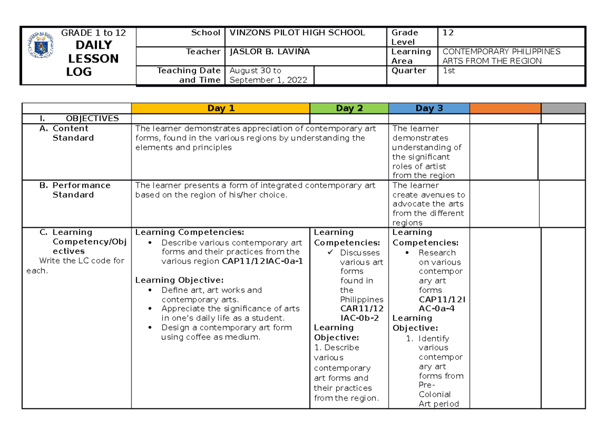 CPAR DLL 2022 2023 WEEK 1 - GRADE 1 to 12 DAILY LESSON LOG School ...