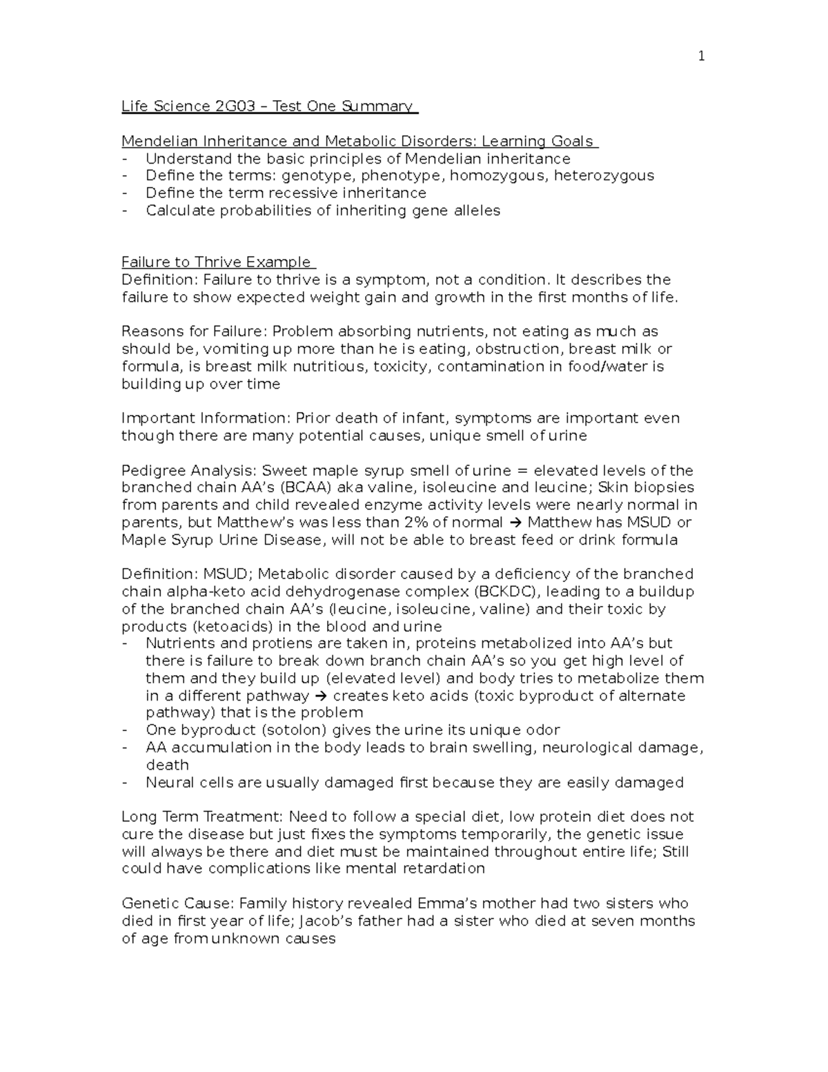 Summary - test 1 summary - 1 Life Science 2G03 Test One Summary ...