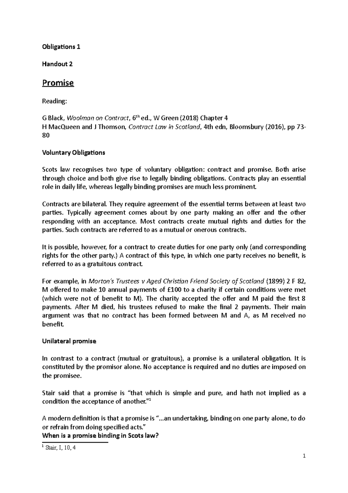 Handout 2 - Promise - Obligations 1 Handout 2 Promise Reading: G Black ...