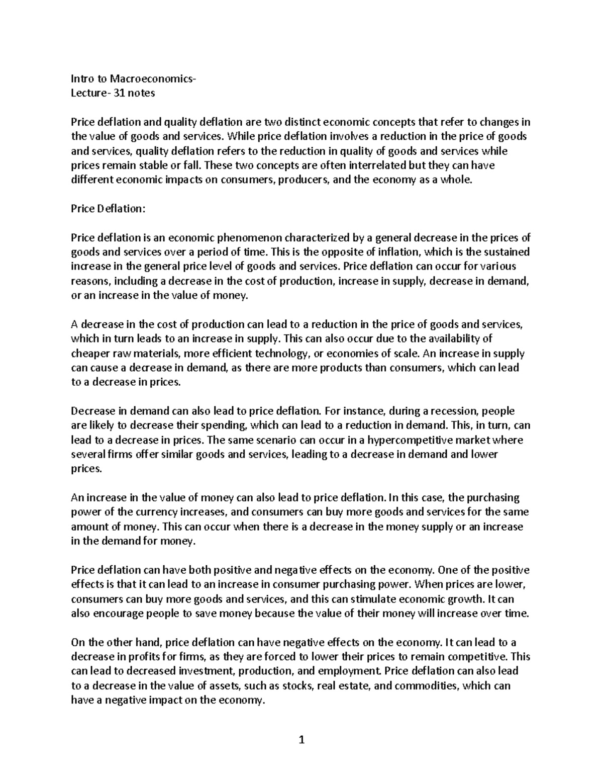 Intro To Macroeconomics Lecture 31 Notes 1 Intro To Macroeconomics Lecture 31 Notes Price