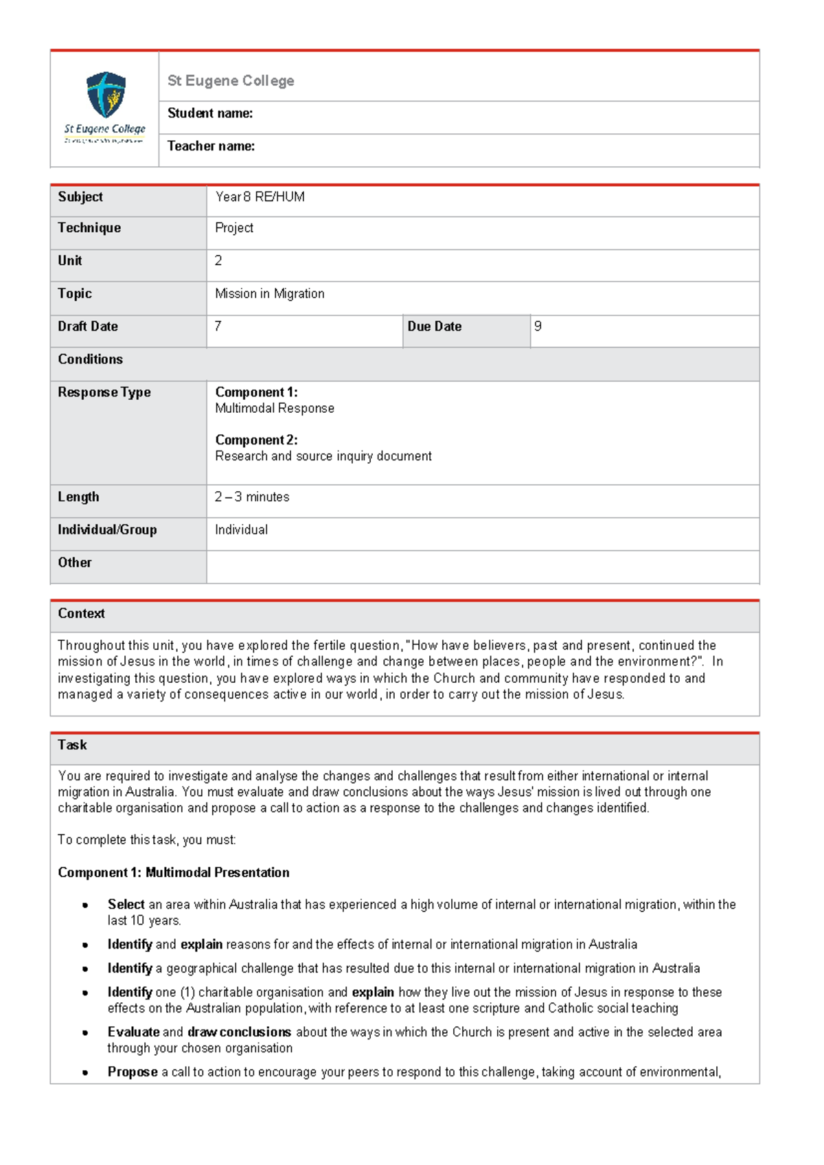 Unit 2 Year 8 Rehum Assessment Task 2021 - St Eugene College Student ...