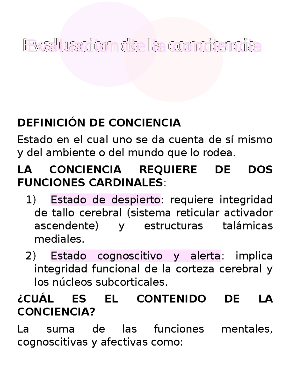 Evaluación DE LA Conciencia CAP 2 Neuro - DEFINICIÓN DE CONCIENCIA ...
