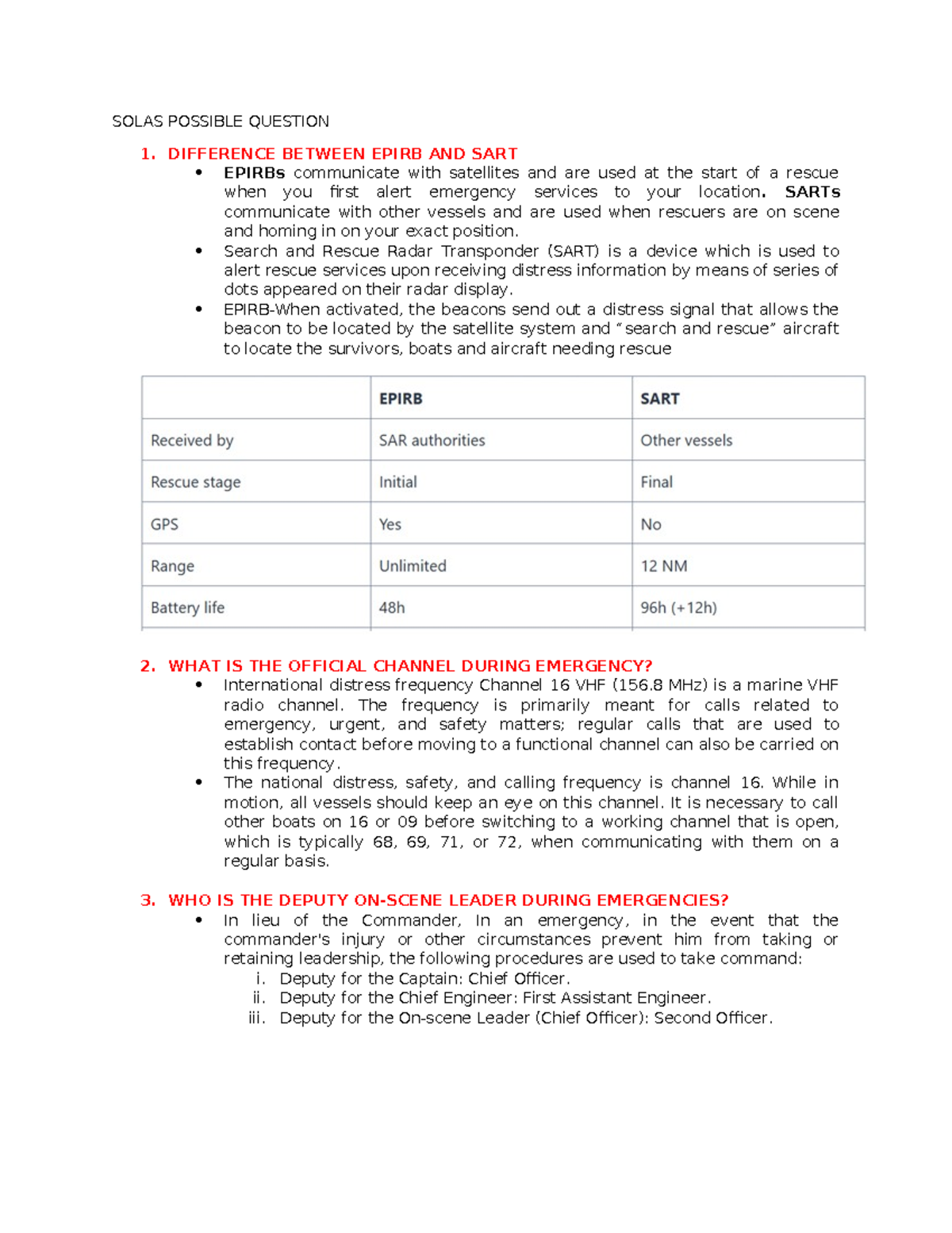 Solas Possible Question - SOLAS POSSIBLE QUESTION 1. DIFFERENCE BETWEEN EPIRB AND SART EPIRBs ...