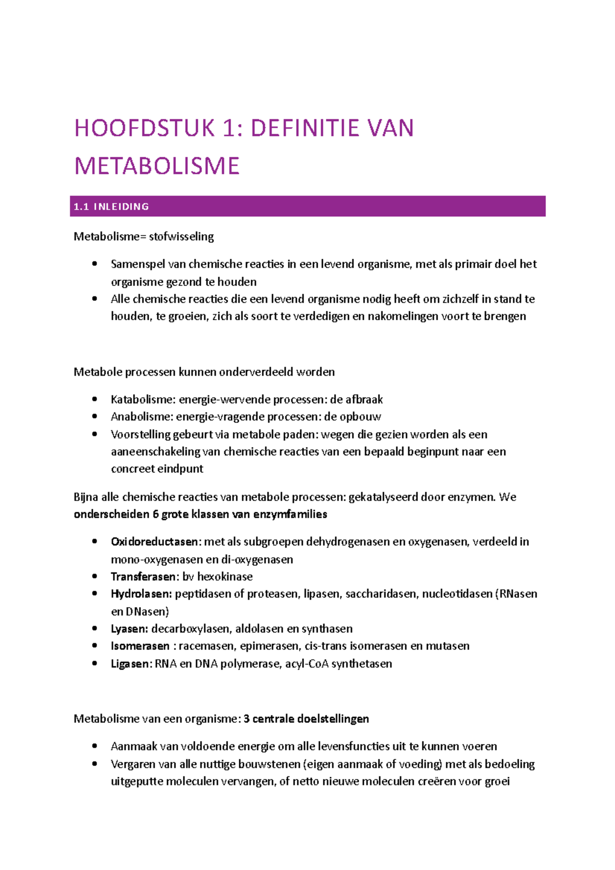 Hoofdstuk 1 biochemie - HOOFDSTUK 1: DEFINITIE VAN METABOLISME 1 ...