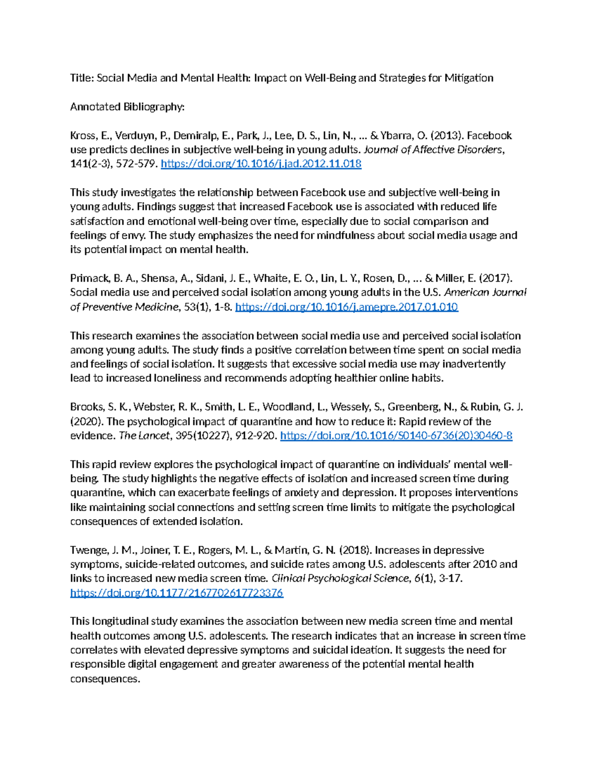 Annotated bibliography - Title: Social Media and Mental Health: Impact ...