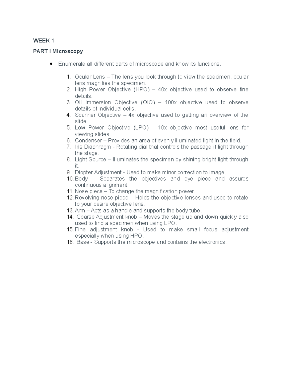Introduction Microscope - WEEK 1 PART I Microscopy Enumerate all ...