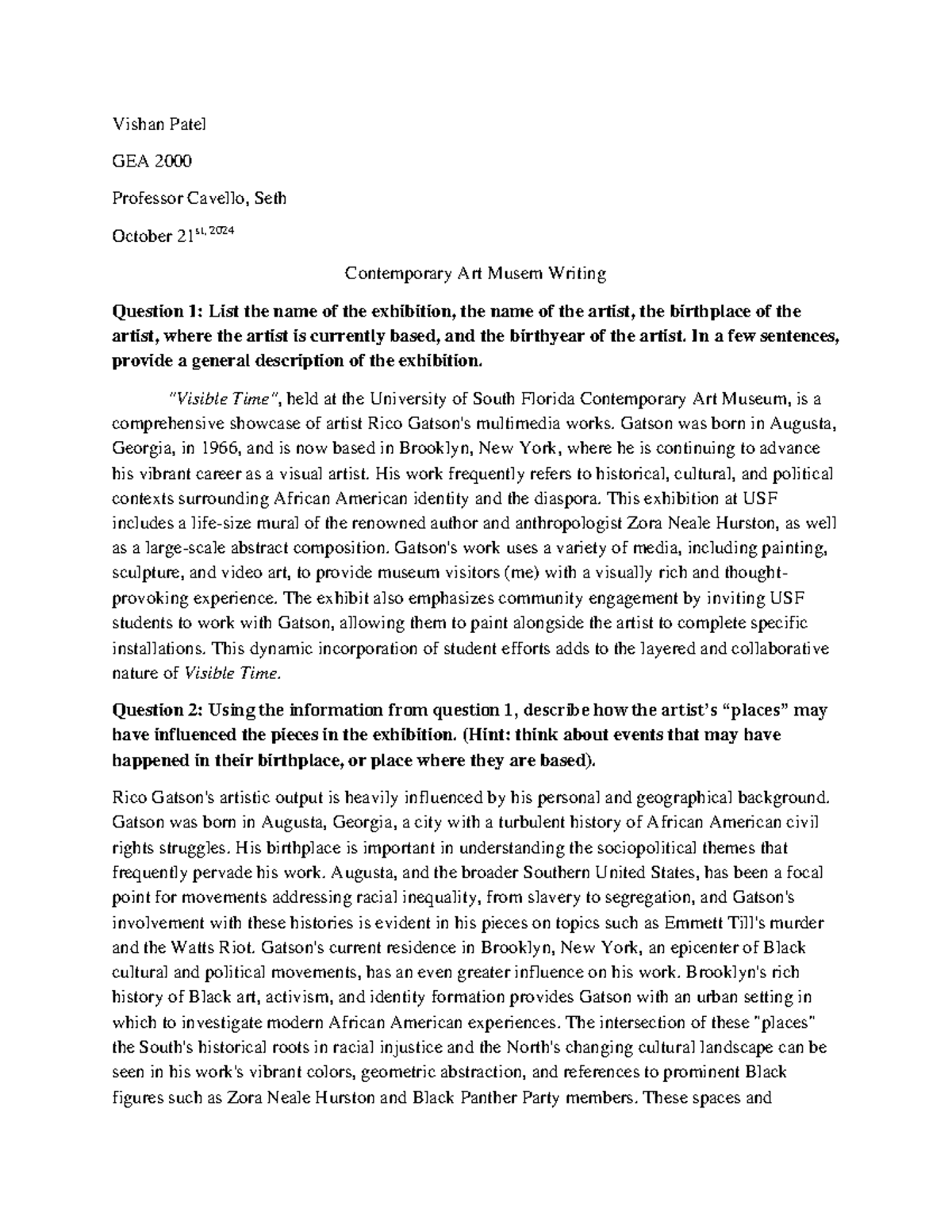 Art Museum Writing - Just an assignment - Vishan Patel GEA 2000 ...