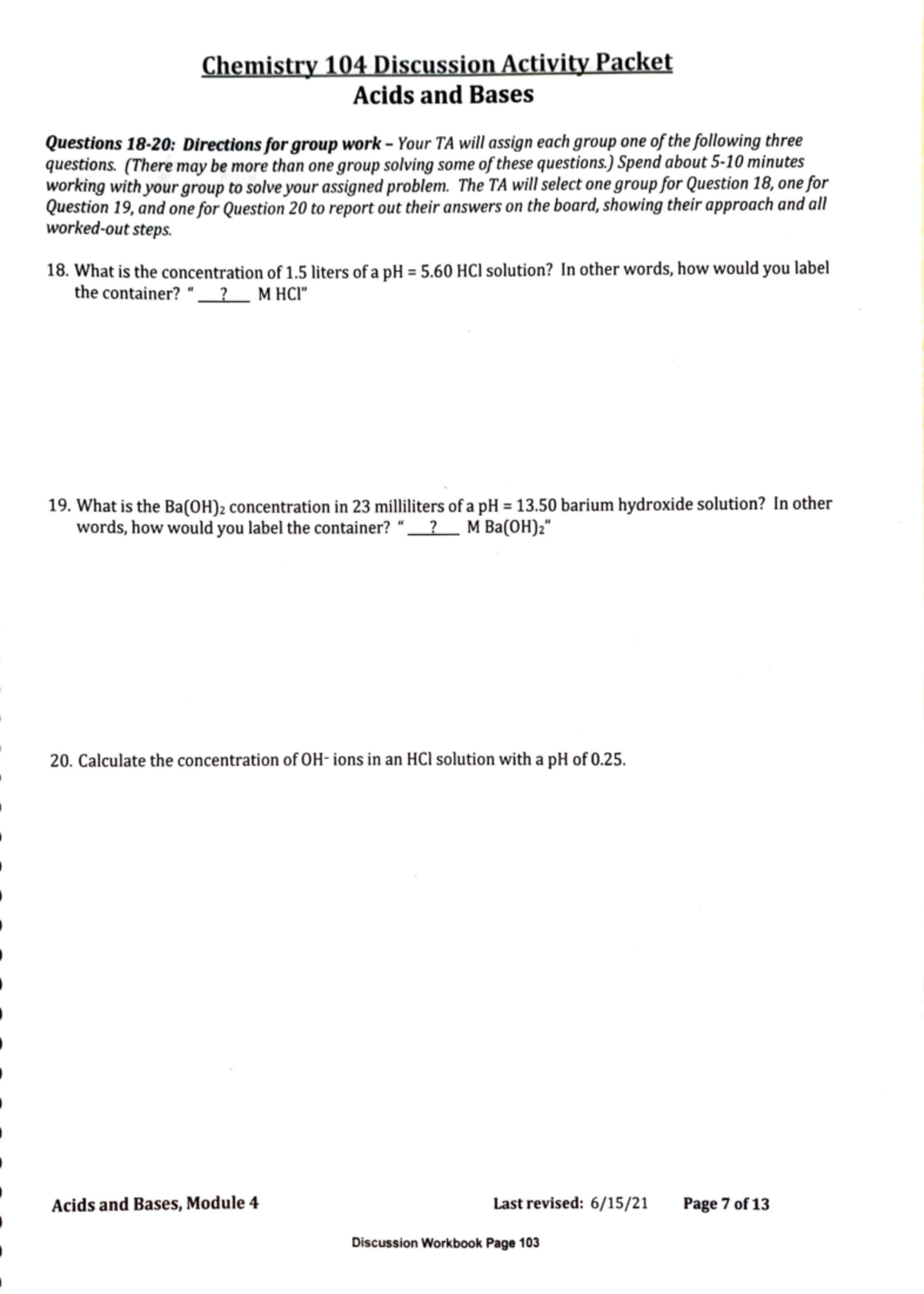 Module 4: Acids and Bases - Chemistry 104 Discussion Activity Packet ...