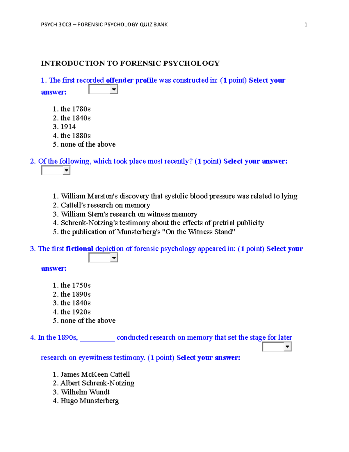 Quiz Bank - Practice Questions - PSYCH 3CC3 – FORENSIC PSYCHOLOGY QUIZ ...