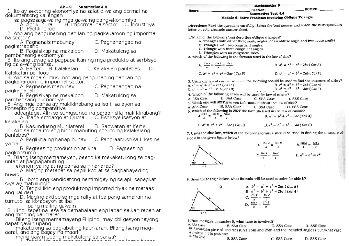 Ap4 - filipino 10 q1 modul4 - AP – 9 Summative 4. _1. Ito ay sector ng ...