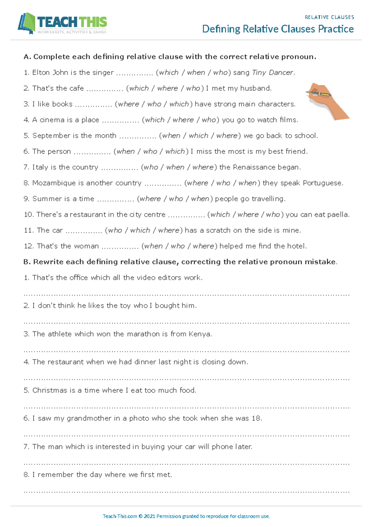 Defining relative clauses practice 2 3 - RELATIVE CLAUSES Defining ...