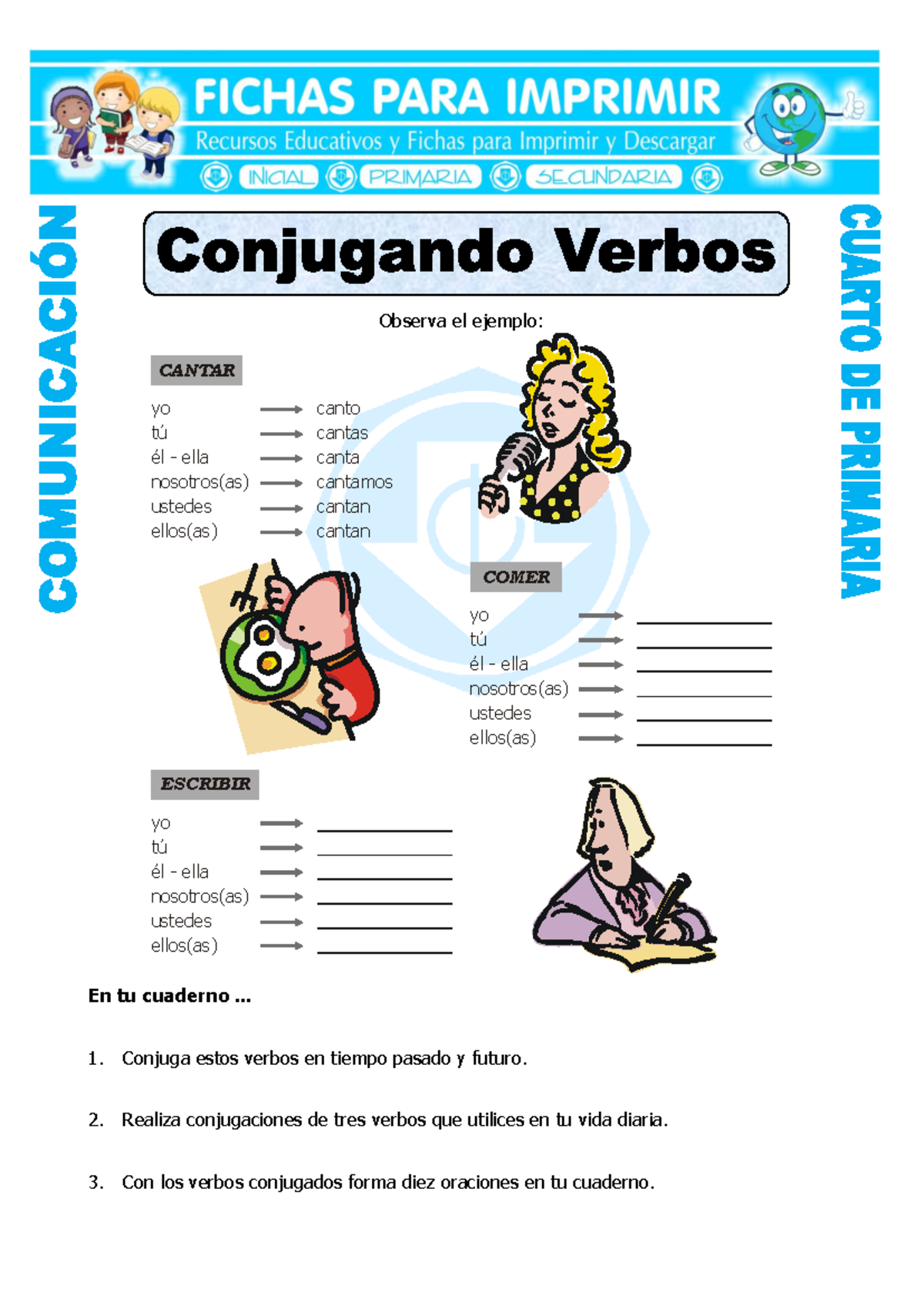 Ficha Formas Verbales para Cuarto de Primaria - Observa el ejemplo: yo ...