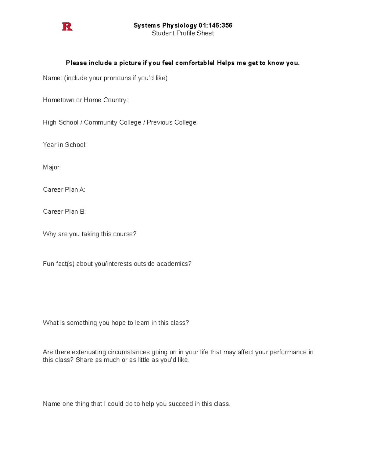Student profile sheet - Fall 2023 - Systems Physiology 01:146:356 ...