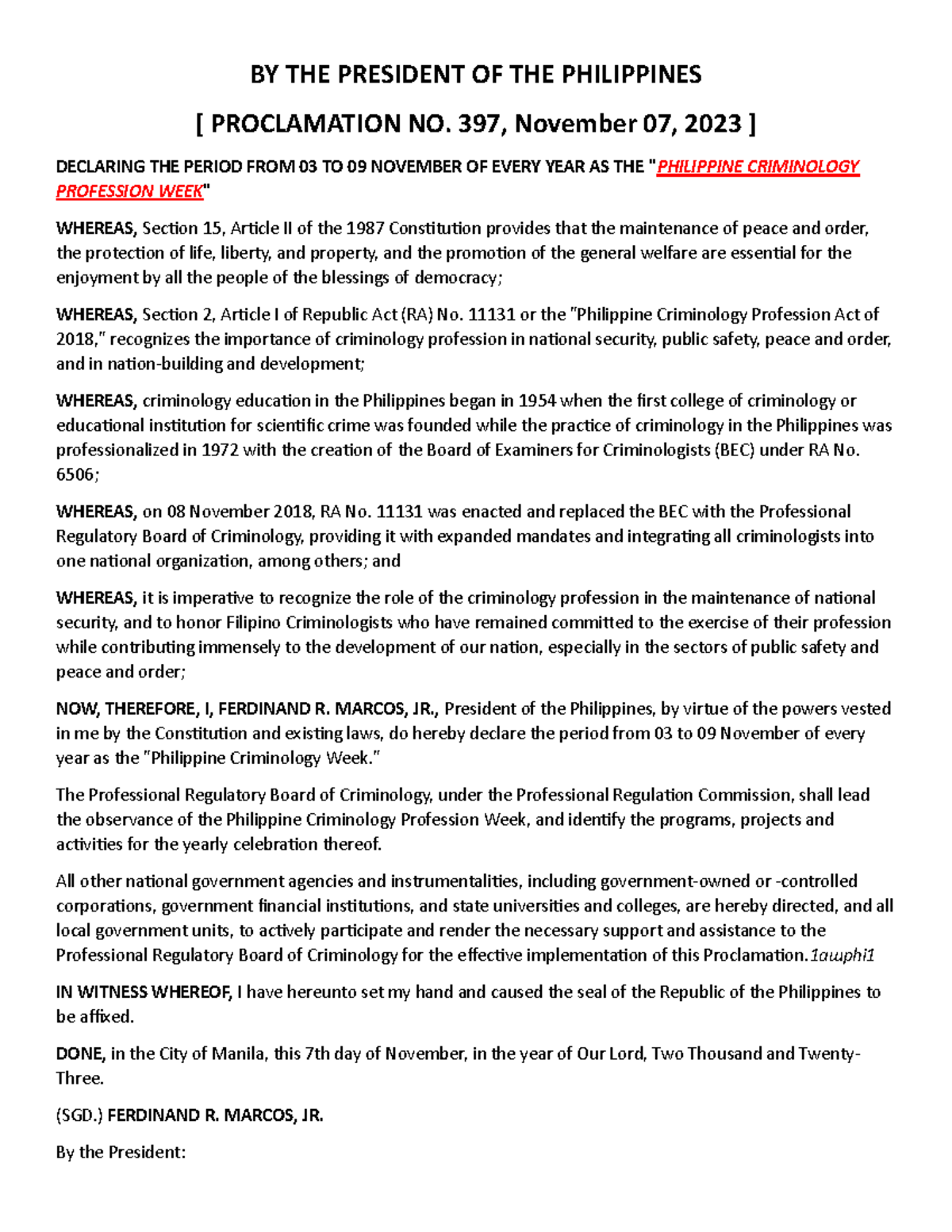 Presidential Proclamation NO - BY THE PRESIDENT OF THE PHILIPPINES ...