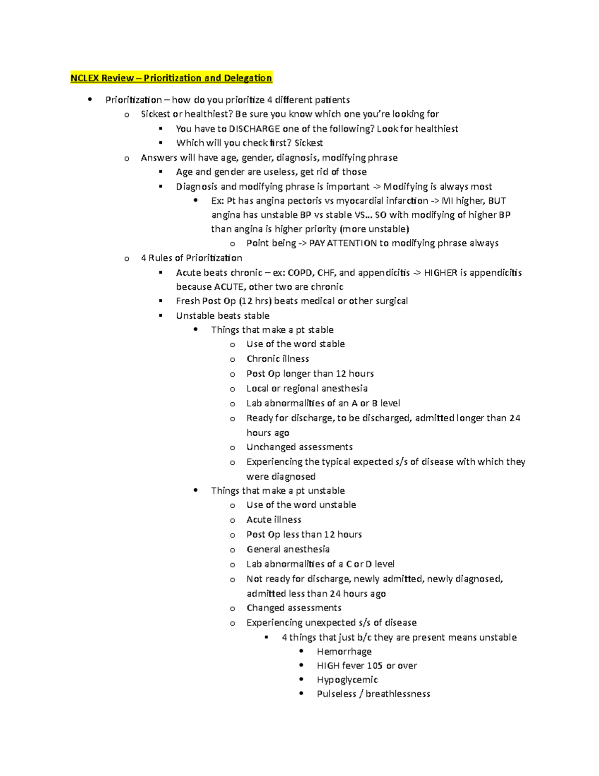 Mark Klemik Notes ALL - NCLEX Review – Prioritization and Delegation ...