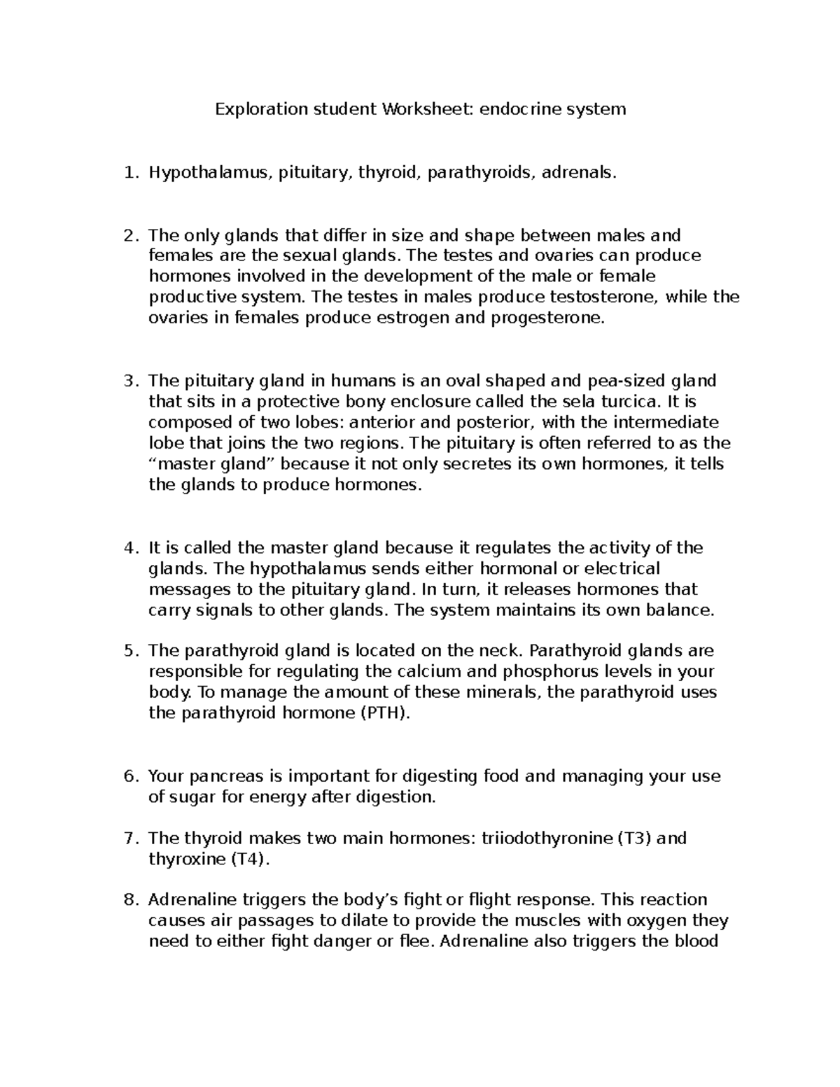 Exploration student Worksheet endocrine system - Exploration student ...