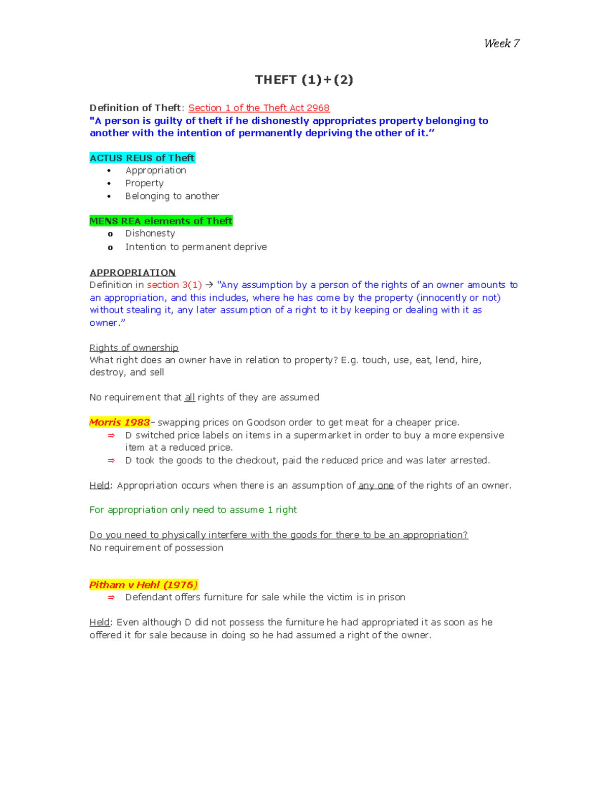 Theft Lecture Notes - THEFT (1)+(2) Definition of Theft : Section 1 of ...