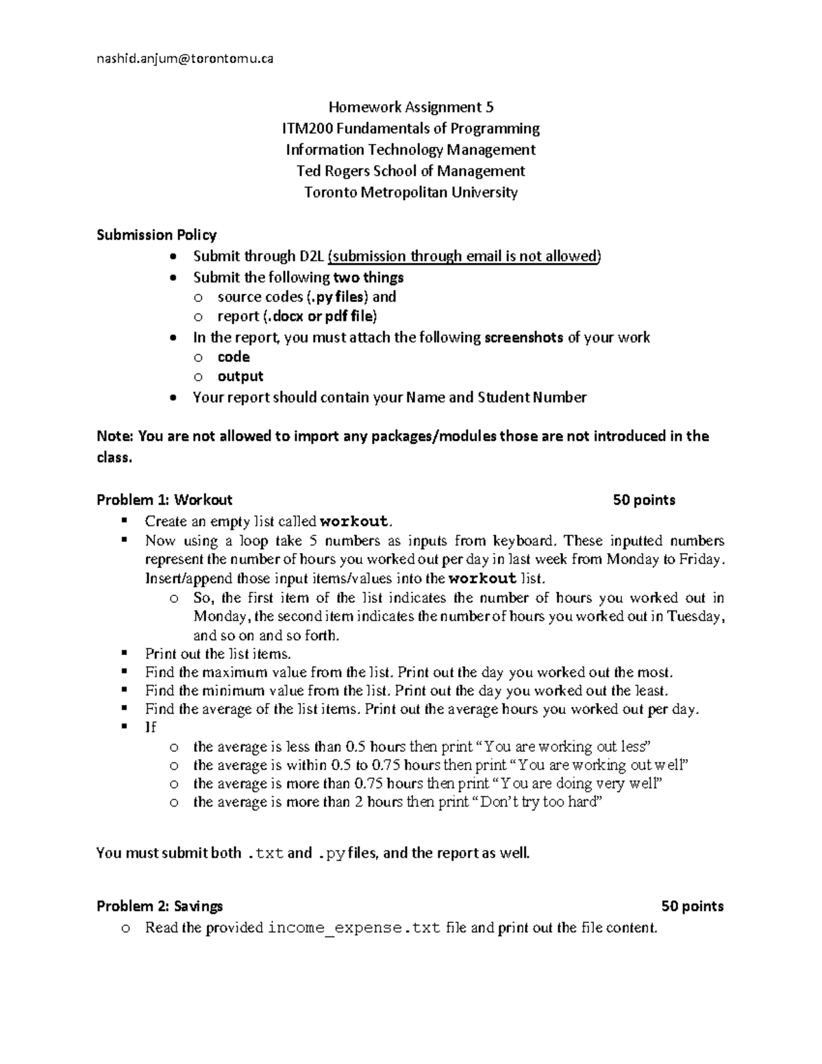 Homework Assignment 5 - nashid@torontomu Homework Assignment 5 ITM200 Fundamentals of ...