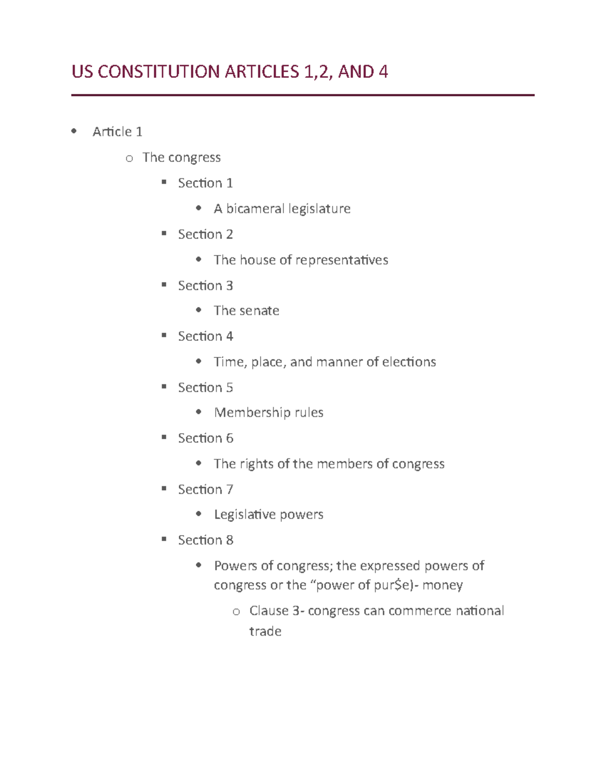 Article 1,2 and 4 of us const - US CONSTITUTION ARTICLES 1,2, AND 4 ...