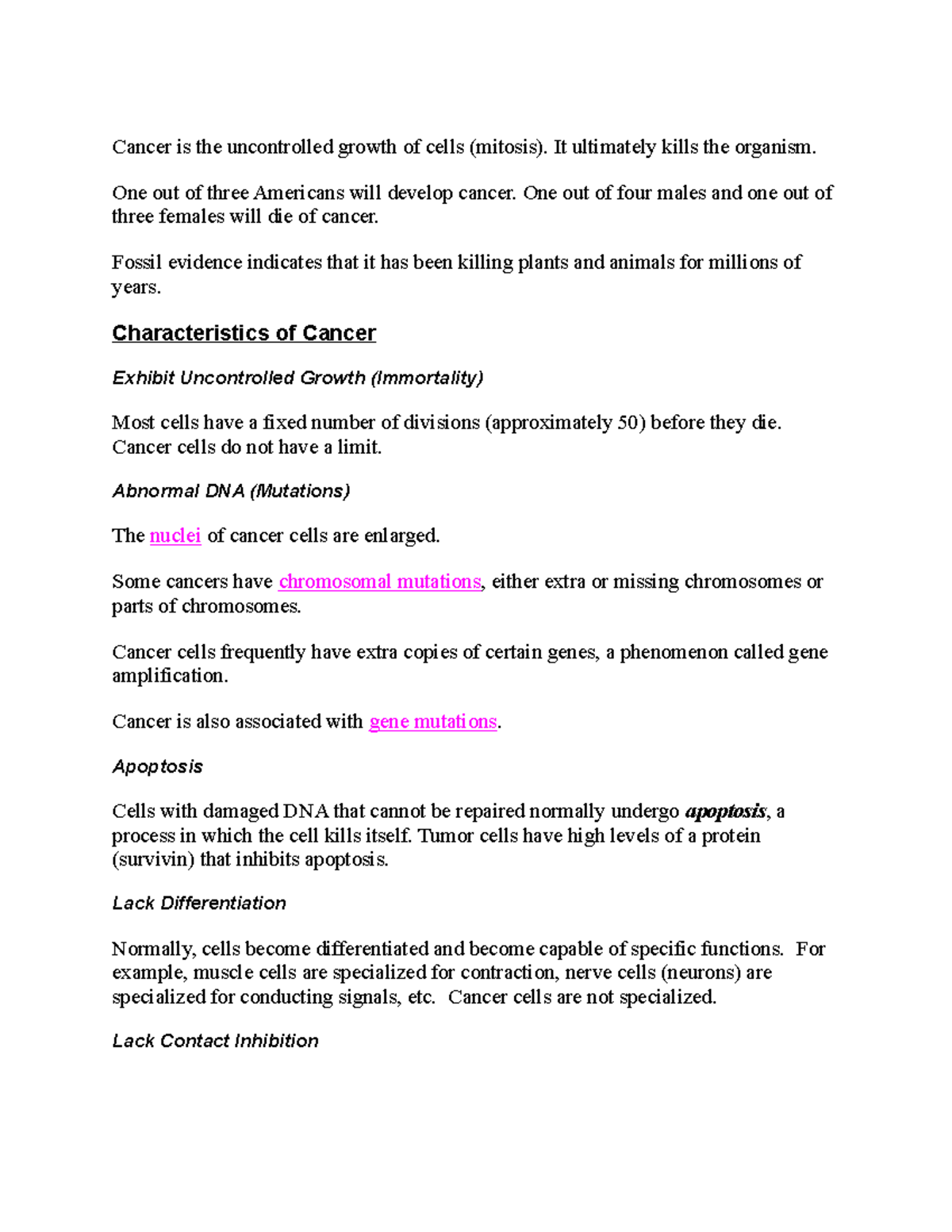 Cancer Notes - N/A - Cancer is the uncontrolled growth of cells ...