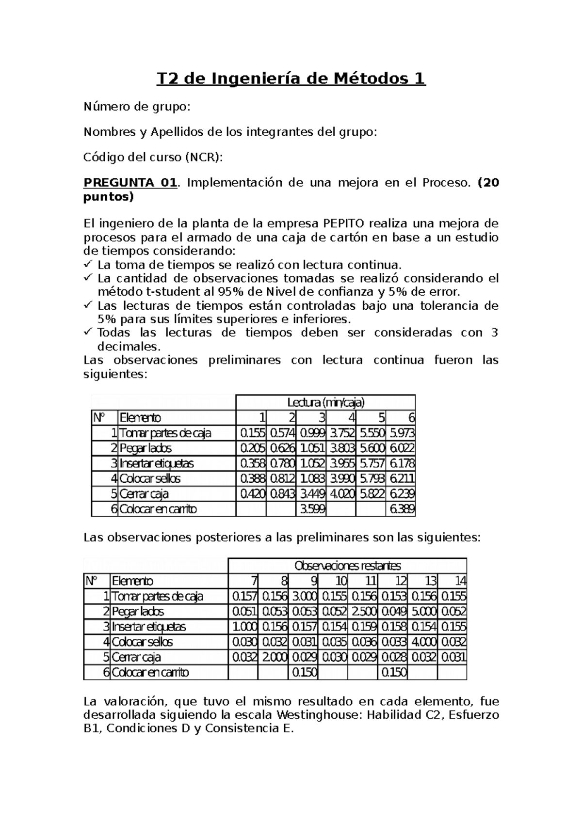 T2 8204 - T2 termo - T2 de Ingeniería de Métodos 1 Número de grupo: Nombres y Apellidos de los ...