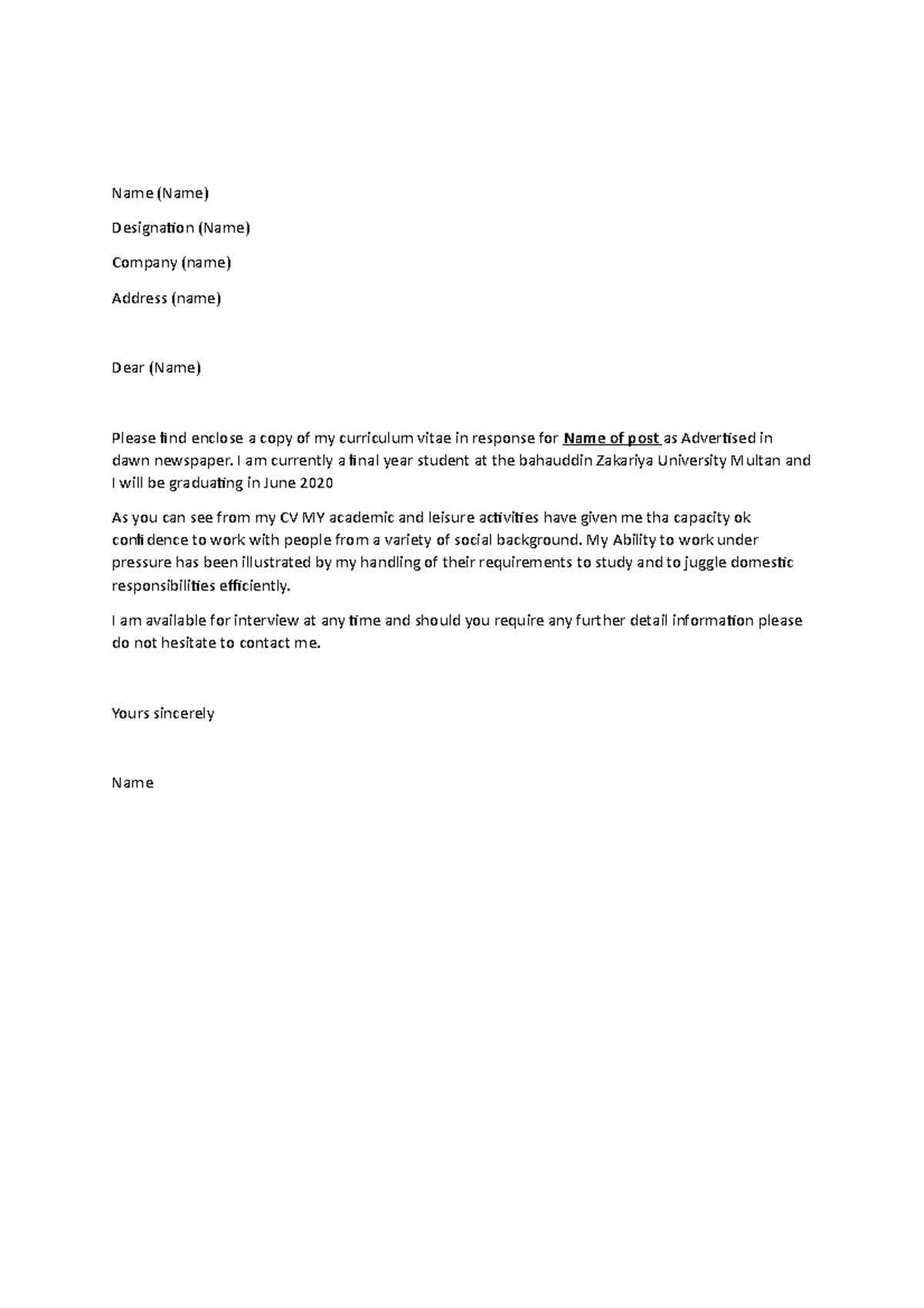 Cover letter for job - Name (Name) Designation (Name) Company (name ...