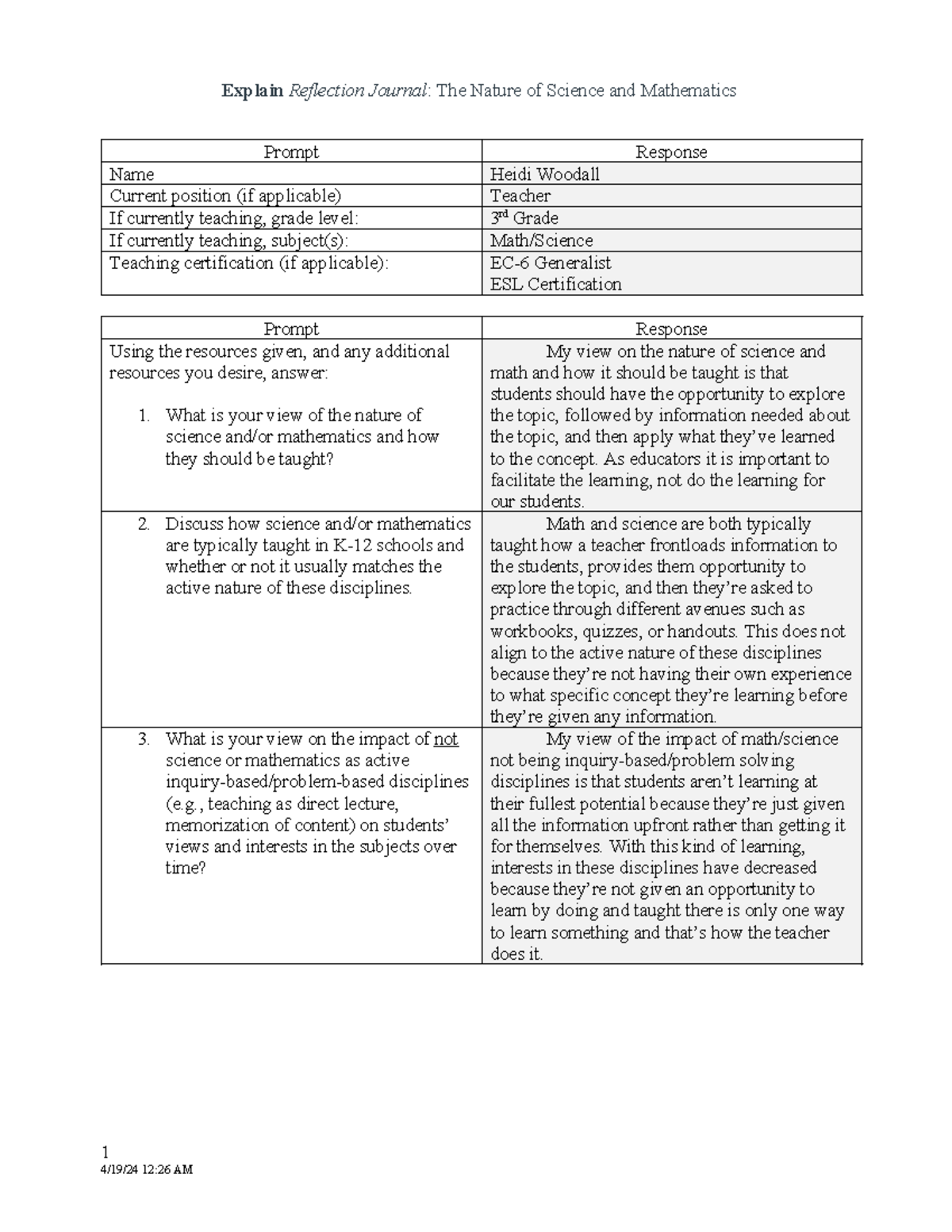 Explain Reflection Journal The Nature of Science and Mathematics ...