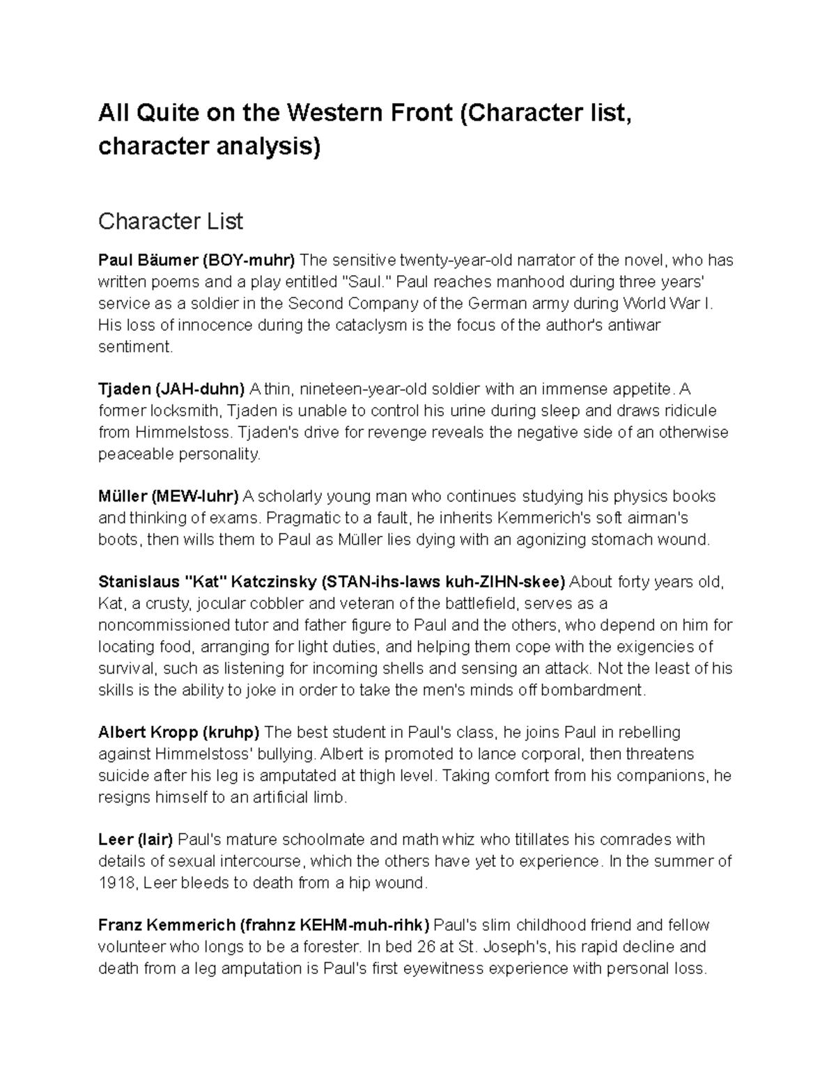 All Quite on the Western Front (Character list, character analysis ...