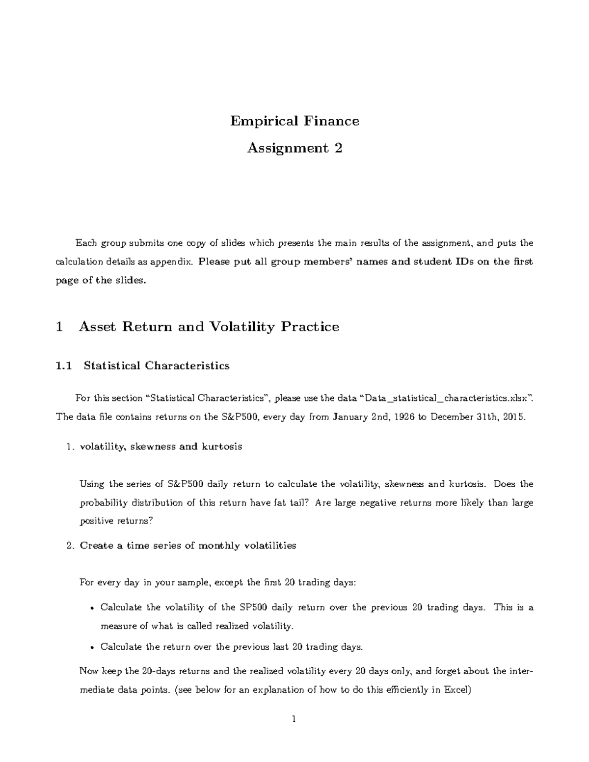 Assignment 2 empiricalfinance - Empirical Finance Assignment 2 Each ...
