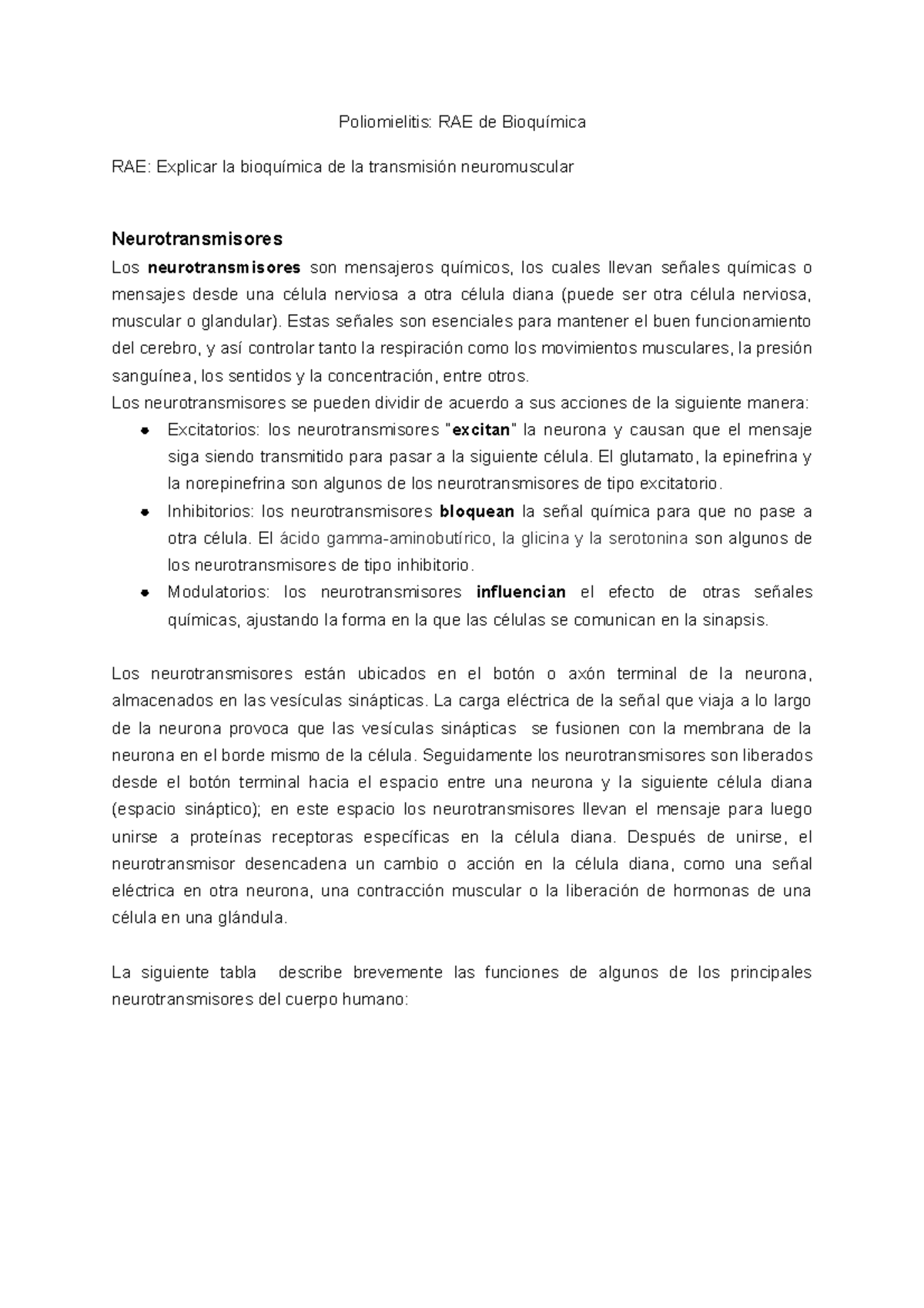 Resumen BQ Poliomielitis - Poliomielitis: RAE de Bioquímica RAE: Explicar la bioquímica de la ...