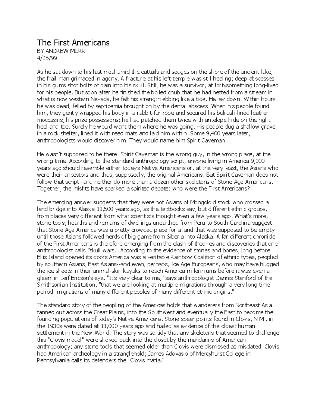 The First Americans - Notes - The First Americans BY ANDREW MURR 4/25 ...