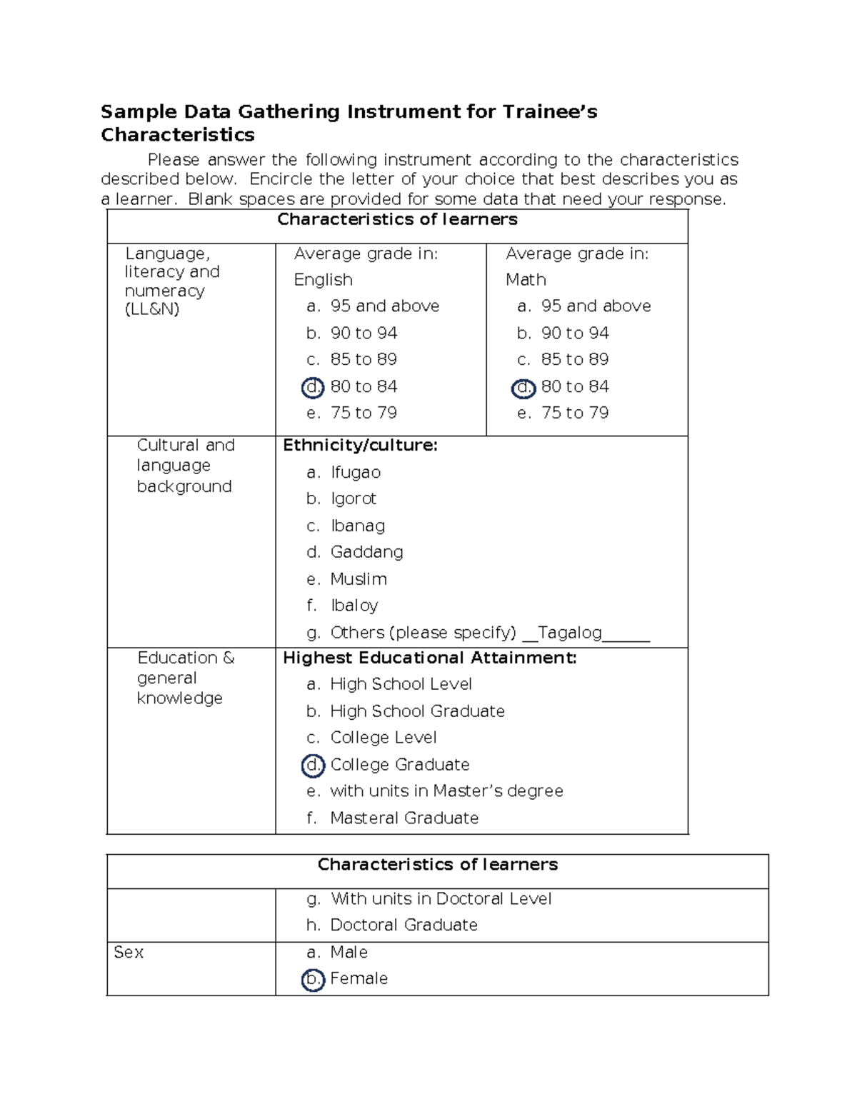 Alberto-Trainee Character - Sample Data Gathering Instrument for ...