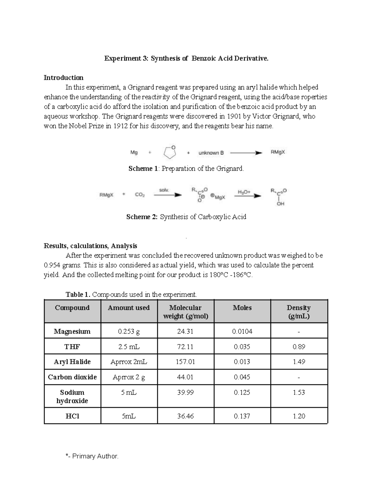 Lab report synthesis of a benzoic acid - Experiment 3: Synthesis of ...