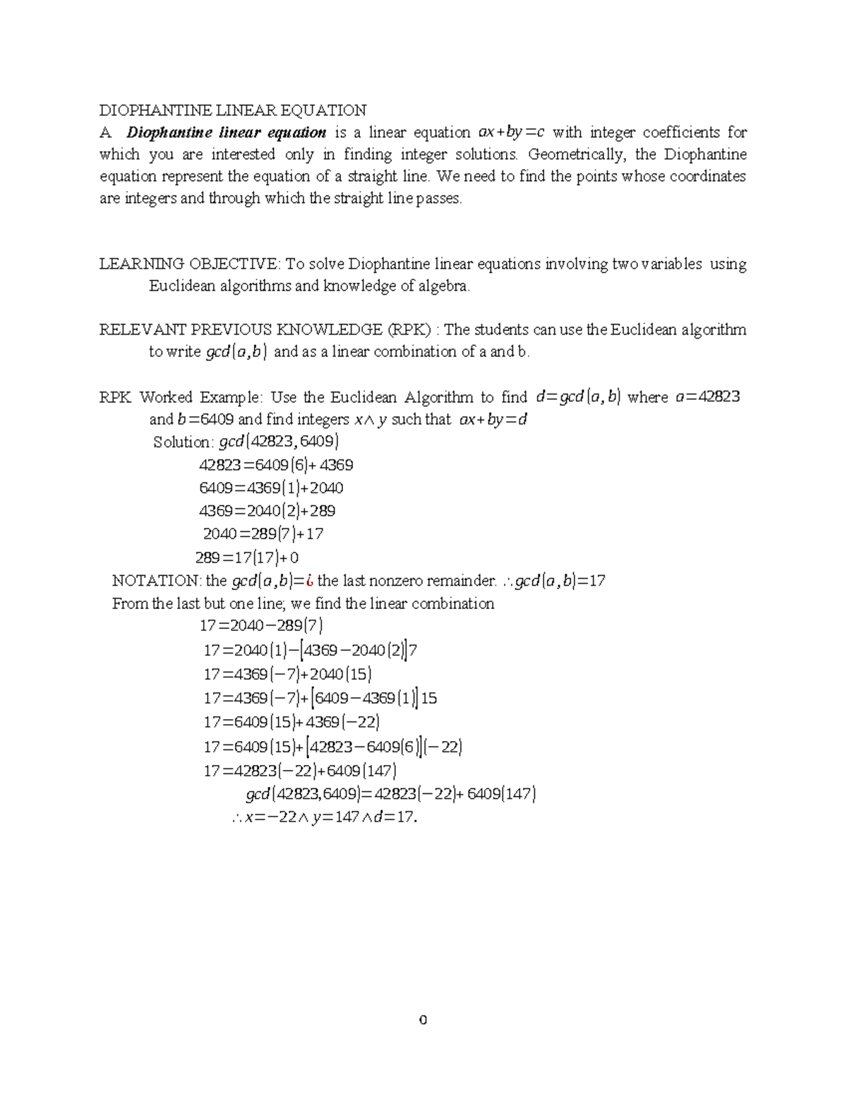 Diophantine Linear Equation - Geometrically, the Diophantine equation represent the equation of ...