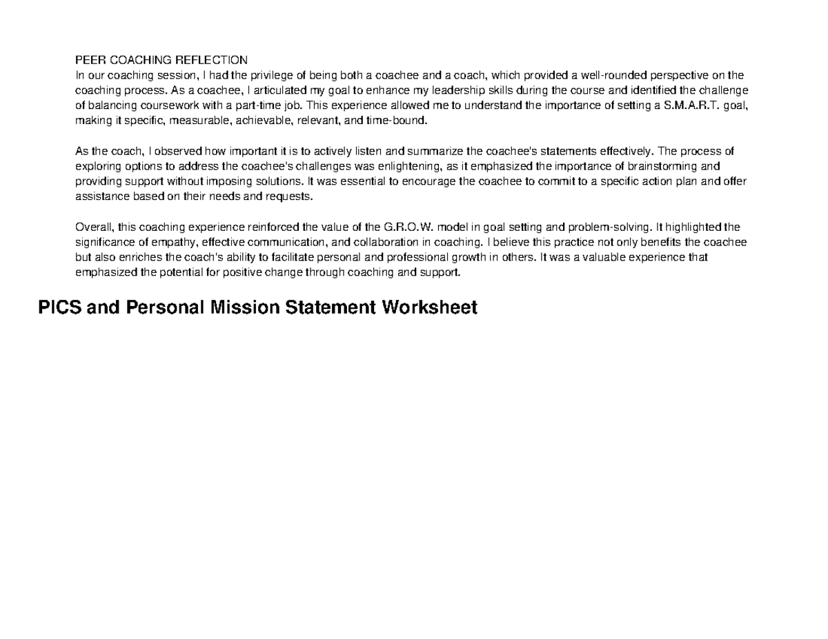 Milestone 02 Franklin Mutwiri 22 - PEER COACHING REFLECTION In our coaching session, I had the ...
