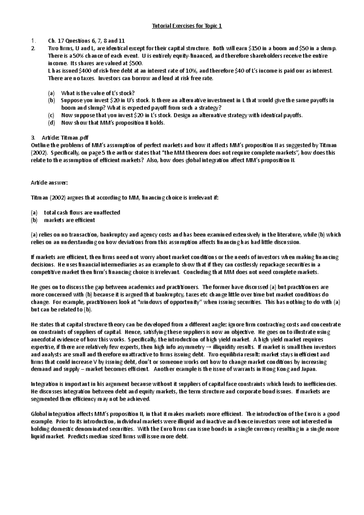 Tutorial 1 question and answer - Tutorial Exercises for Topic 1 Ch. 17 ...